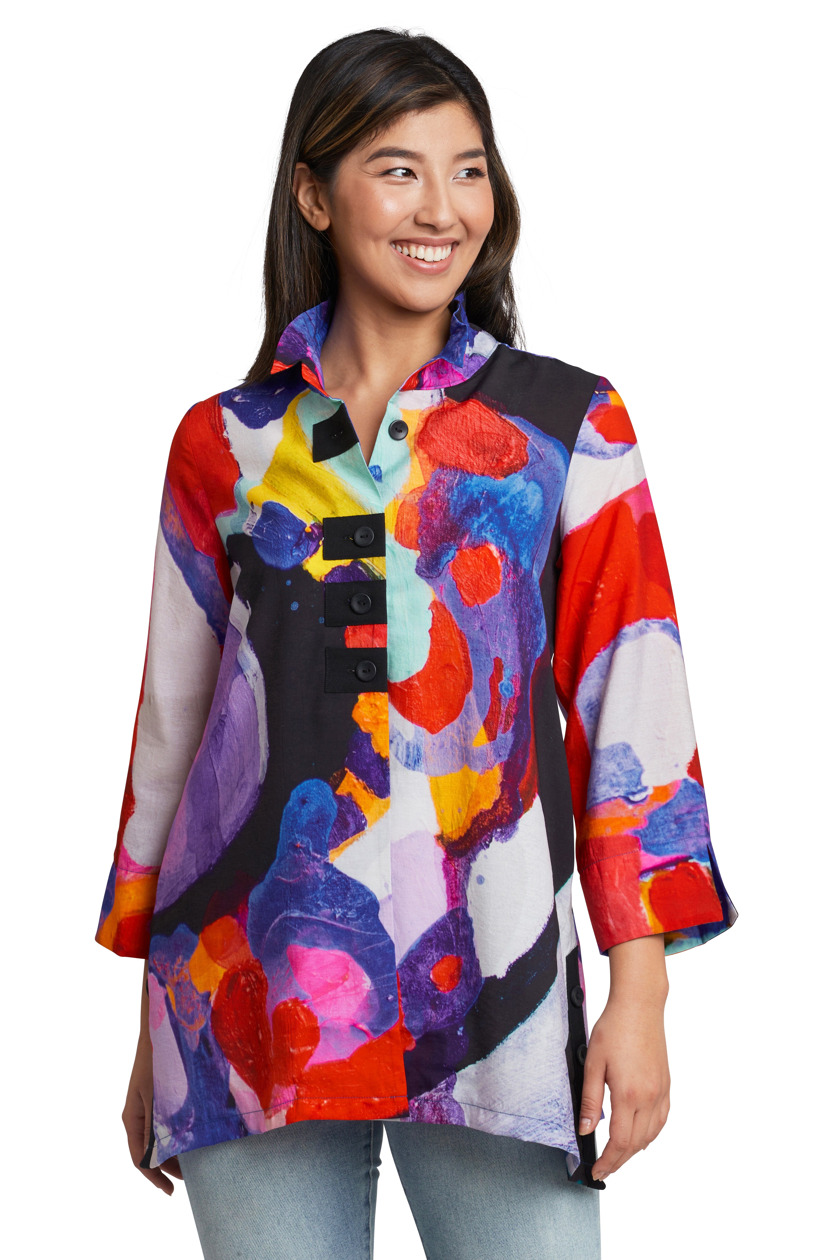 Try Me 3/4 sleeve button front blouse with wire collar detail – The ...